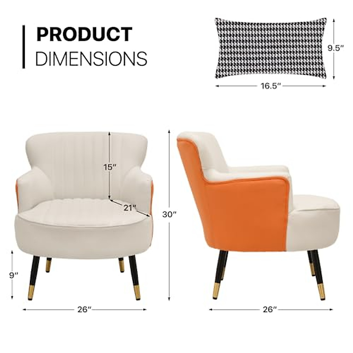 MoNiBloom Accent Armchair Single Sofa Chair with Lumbar Pillow, White/Orange Contrasting Colors Upholstered Bedroom Reading Chair, Mid Century Modern Leatheraire Armchair for Living Room Bedroom