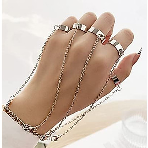 DouuYuhet Chain Finger Rings Bracelet for Women Men Adjustable Stainless Steel Gold Silver Gothic Punk Cool Statement Stackable Rings (Silver)