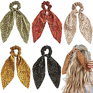 Chiffon Floral Hair Scarf with Ribbon Bows for Women and Girls - 5 Pcs Scrunchies with Ponytail Holders