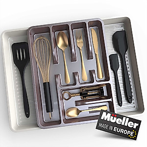 Mueller Large Flatware Kitchen Drawer Organizer, Expandable 19.7" x 15" Silverware Organizer, 6 Compartments, Heavy-Duty, Cutlery Tray for Utensils or Stuff, Dining Room, Living Room, Beige Mocha