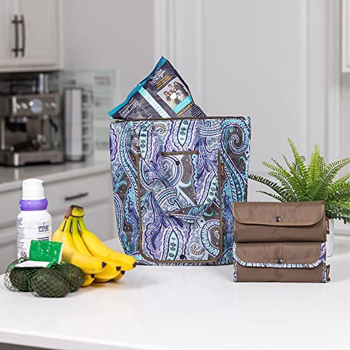 Sachi 3 Piece Market Tote Set – Insulated Thermal Reusable Grocery Bags for Cold and Hot Foods – Lightweight, Portable and Fold-able (Brown Damask Paisley)