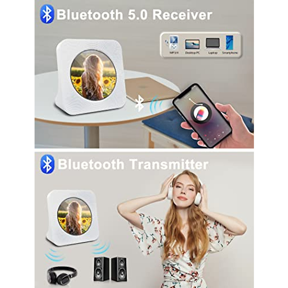 4000mAh Rechargeable Portable CD Player:Kpop Music Player with Bluetooth HiFi Speaker,Remote Control,LCD Display,Sleep Timer,Headphone Jack, Supports CD/Bluetooth/FM Radio/U-Disk/AUX