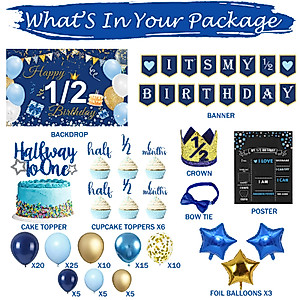 111 PCs Half Birthday Decorations Baby Boy, Fiesec 6 Months Birthday Decorations Boy Happy 1/2 Birthday Backdrop Balloon Garland Its My 1/2 Birthday Banner Cake Cupcake Topper Tie Crown Poster Blue