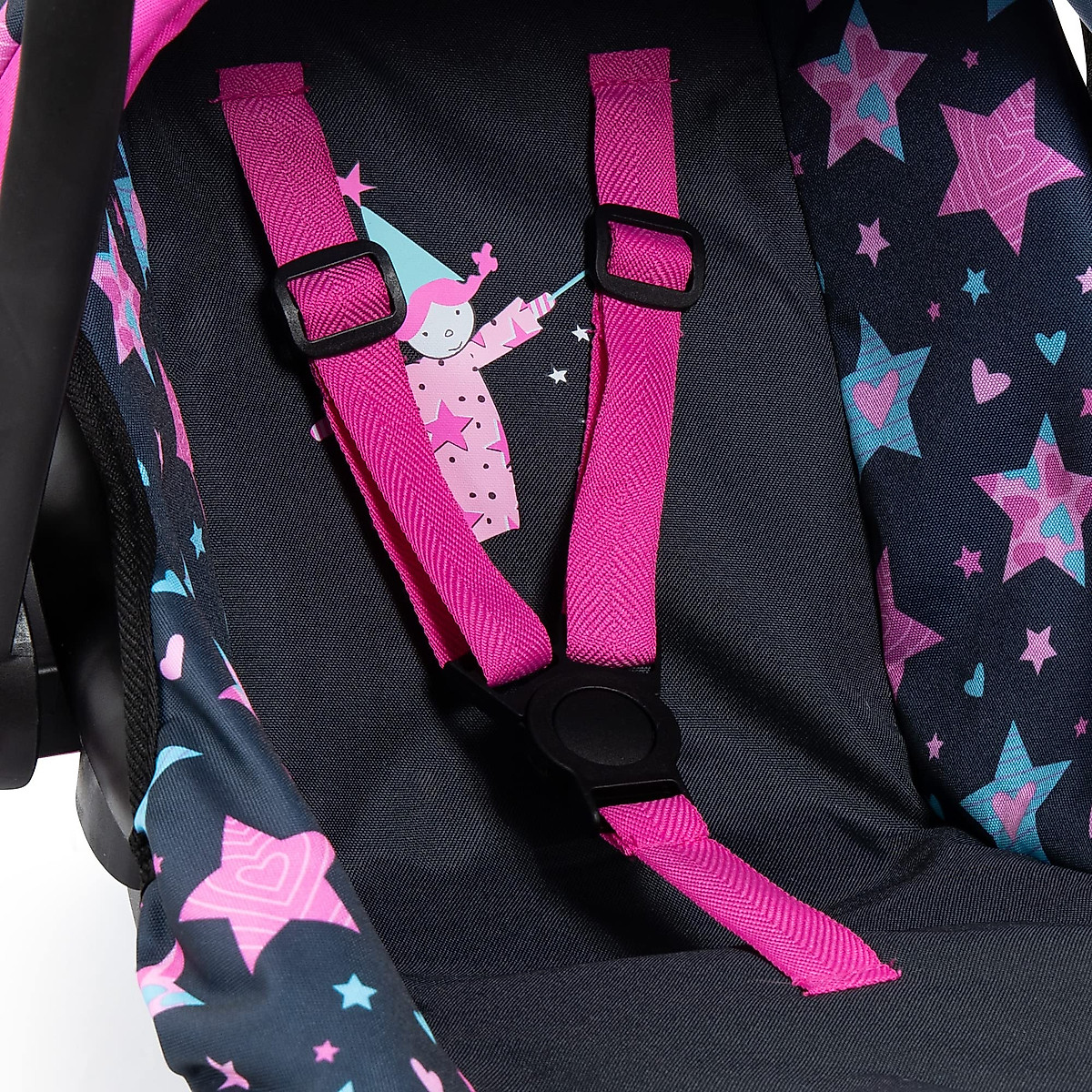 Bayer Design Dolls: Car Seat - Turquoise, Pink, Stars - Fits Dolls Up to 18", Kids Pretend Play, Safety Belt, Sun Canopy, Ages 3+