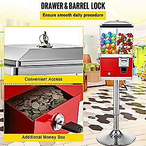 VEVOR Gumball Machine with Stand, Red Quarter Candy Dispenser, Rotatable Four Compartments Square Candy Vending Machine, PC & Iron Large Gumball Bank Adjustable Dispenser Wheels for 1 inch Gumballs