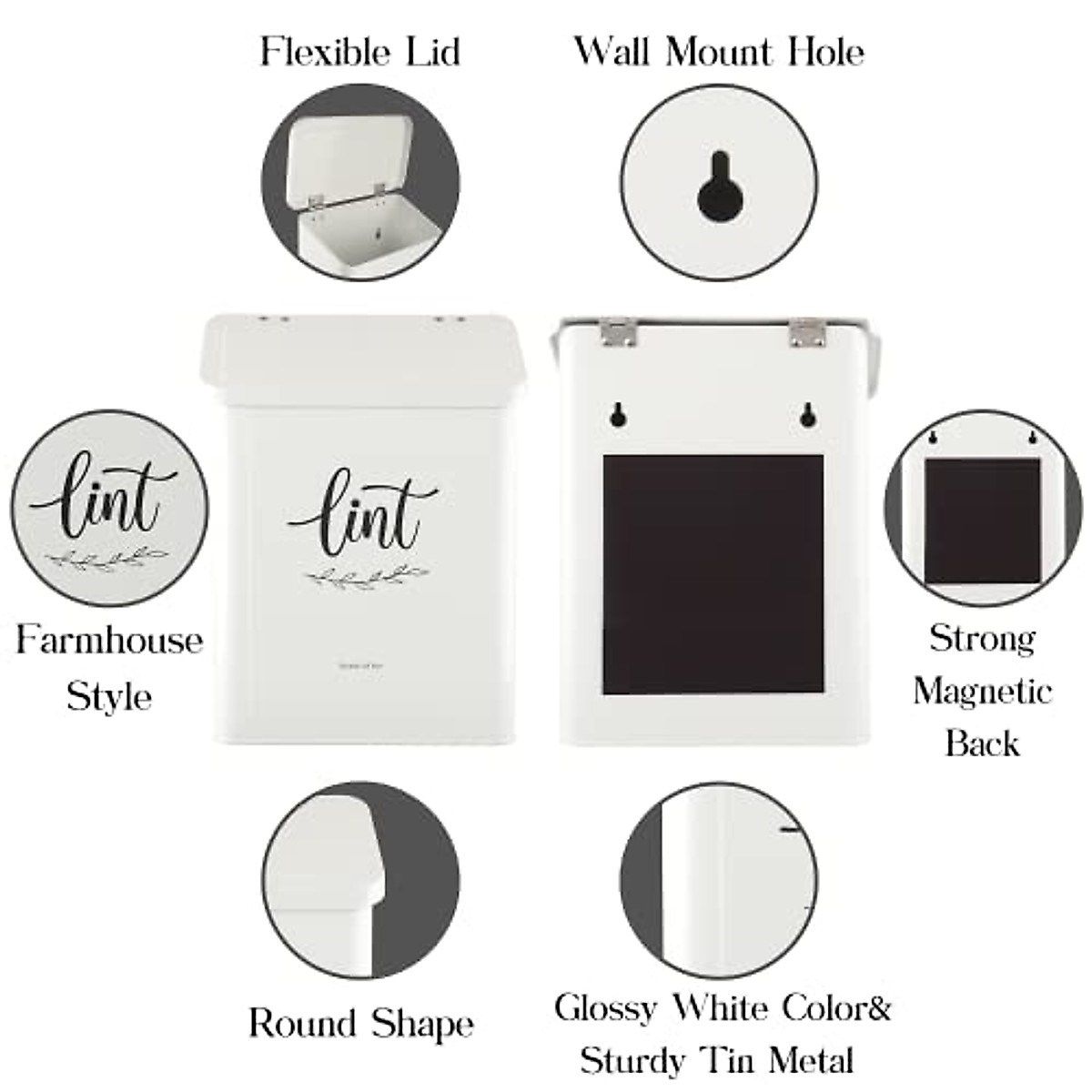 Perfnique Magnetic Lint Bin for Laundry Room with Lint Brush, Wall Mounted Lint Holder Trash can with lid for Dryer, Modern Farmhouse Rustic Metal Laundry Room Storage Organization and Decor(White)