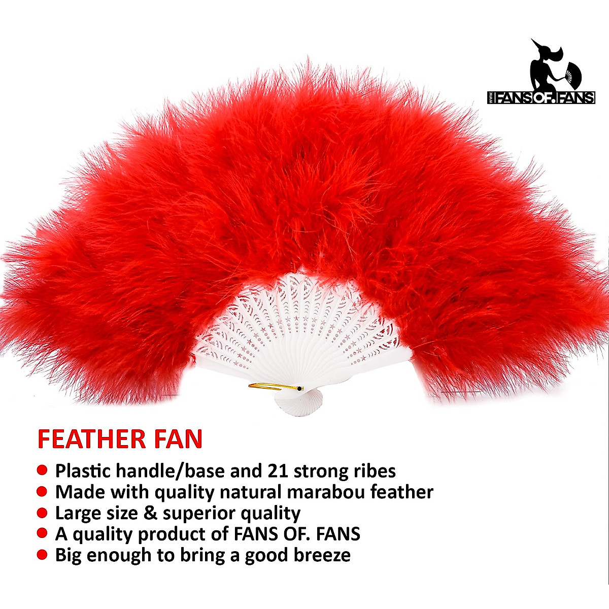 FANSOF.FANS Marabou Feather Hand Fan 45cm, Fancy Dress Wedding Party Favour Gift Outdoor Vintage Dance Photoshoot (Red)