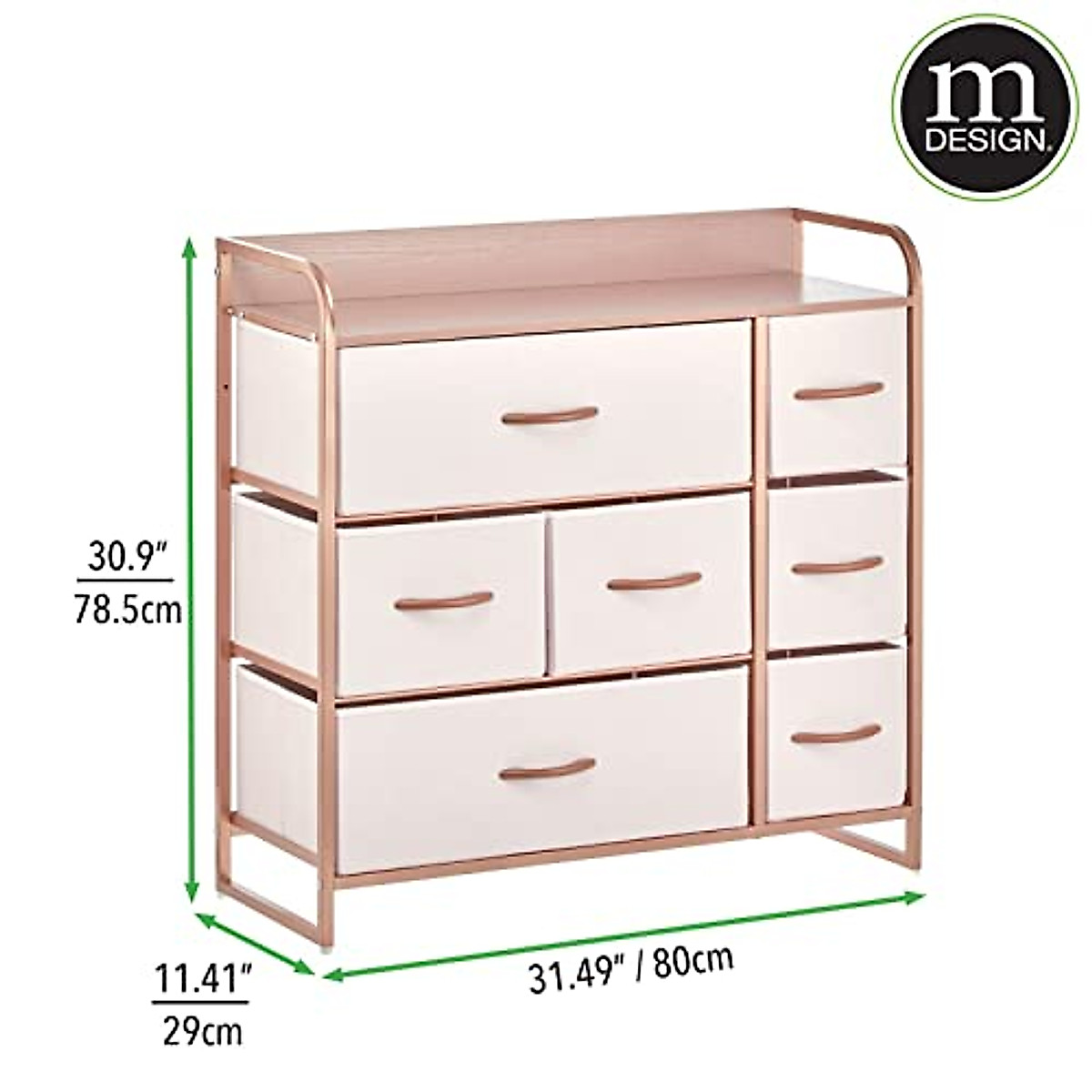 mDesign 30.9" High Steel Frame/Wood Top Storage Dresser Furniture Unit with 7 Removable Fabric Drawers - Large Bureau Organizer for Bedroom, Living Room, Closet - Pink/Rose Gold