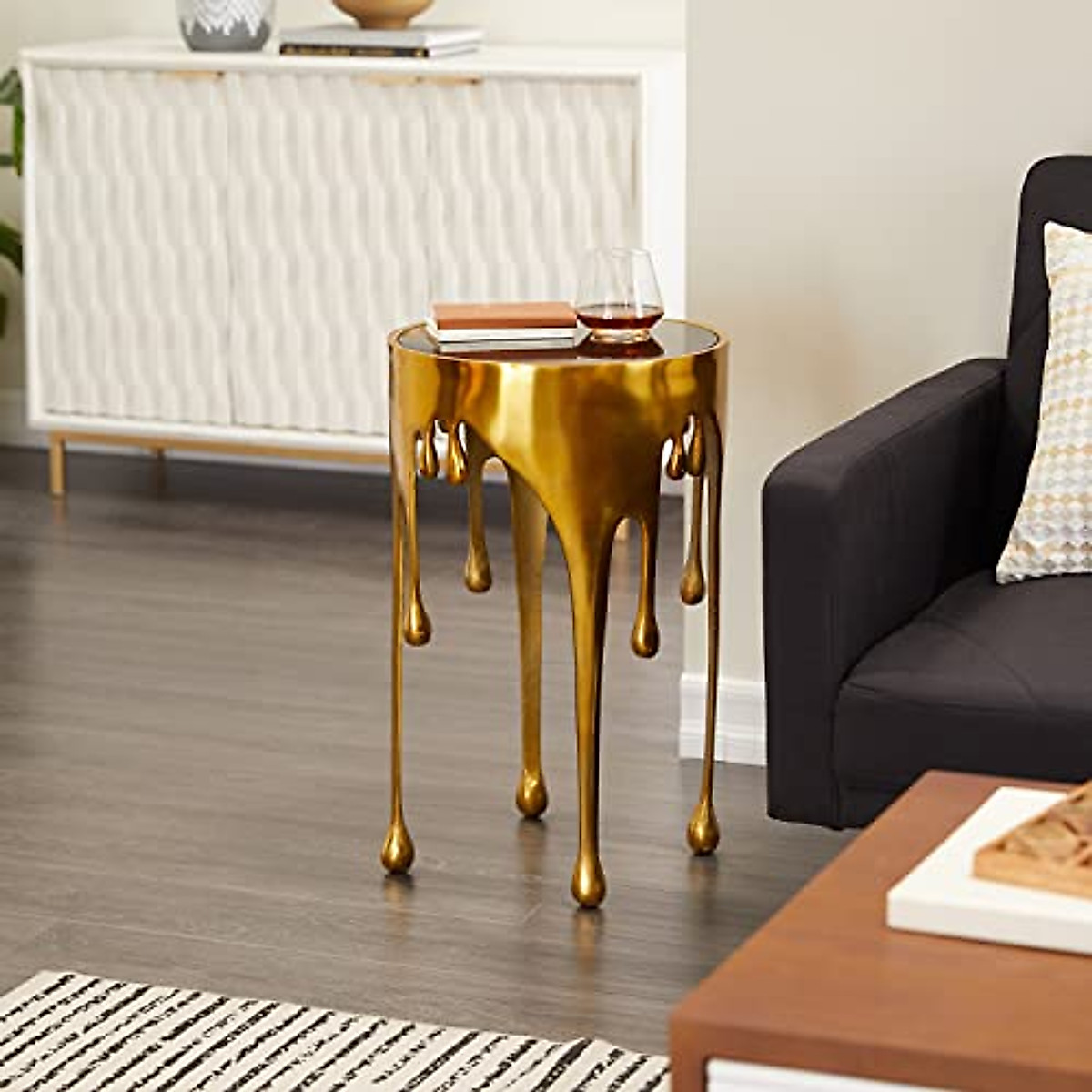 Deco 79 Aluminum Drip Accent Table with Melting Designed Legs and Shaded Glass Top, 16" x 16" x 25", Gold