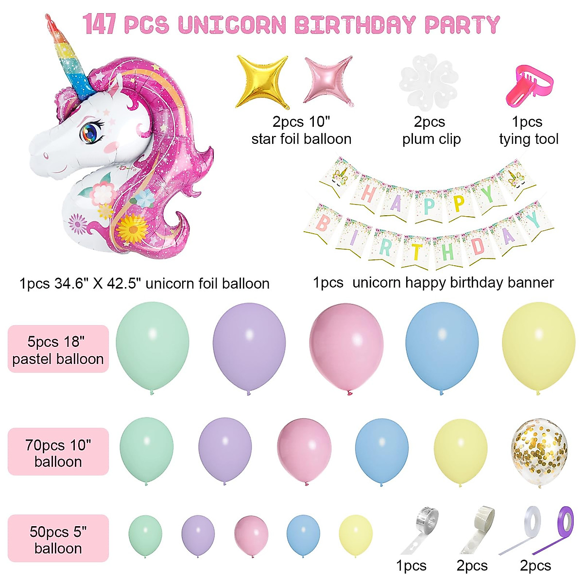 Unicorn Balloons Arch Garland Kit, 146Pcs Rainbow 40" Unicorn Balloon Pastel Pink Purple Blue Confetti Balloons Happy Birthday Banner for Ice Cream Baby Shower Unicorn Birthday Party Decorations