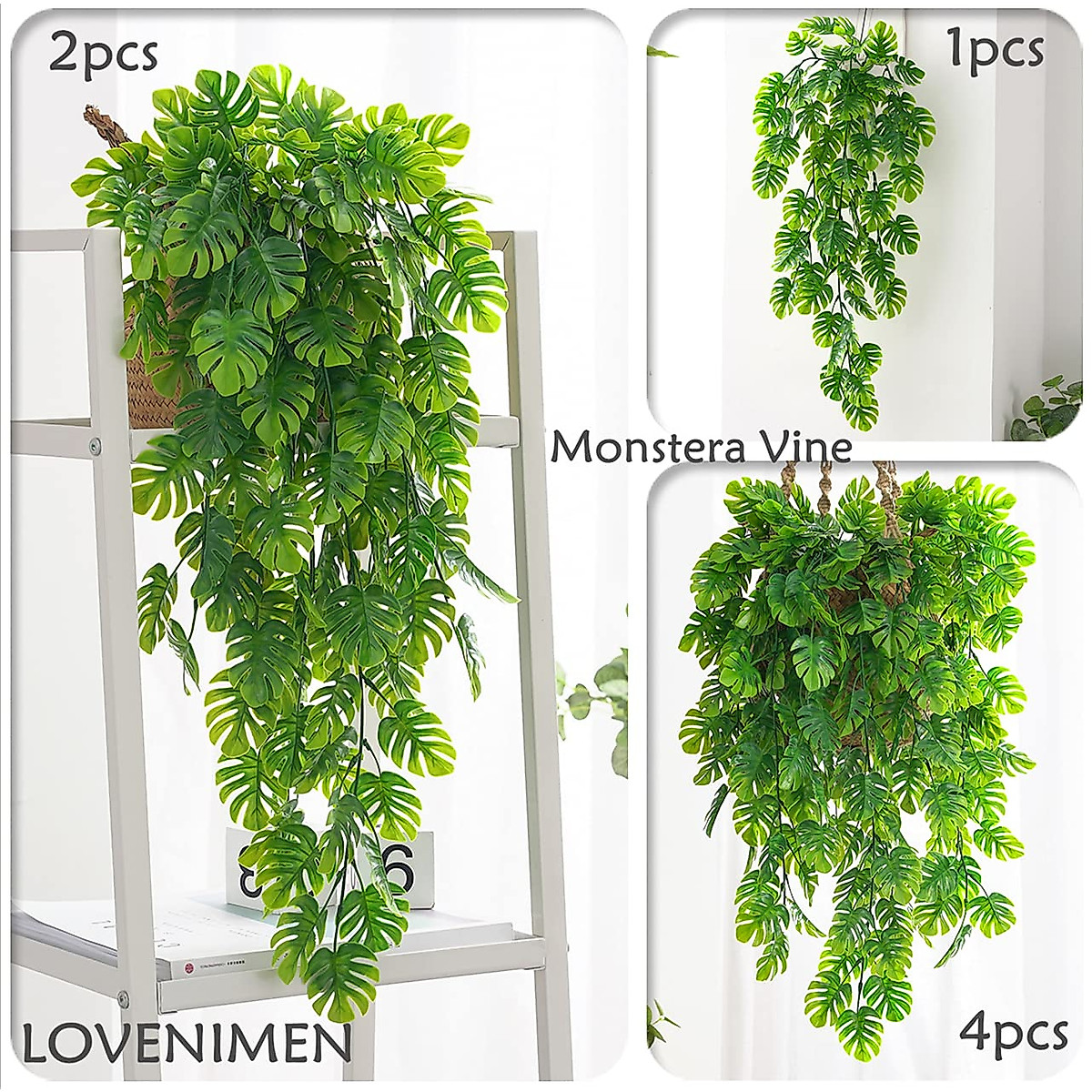 LOVENIMEN Artificial Hanging Vines 4 Pack, Fake Monstera Leafs Vine Ivy Jungle Leaf Plants Tropical Palm Leaves Rattan for Houseplants Indoor Home Kitchen Garden Outdoor Wall Wedding Decoration