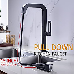 Kitchen Faucet with Pull Down Sprayer Square Shaped Brass Bar Sink Faucet Single Handle Kitchen Faucet, Matte Black