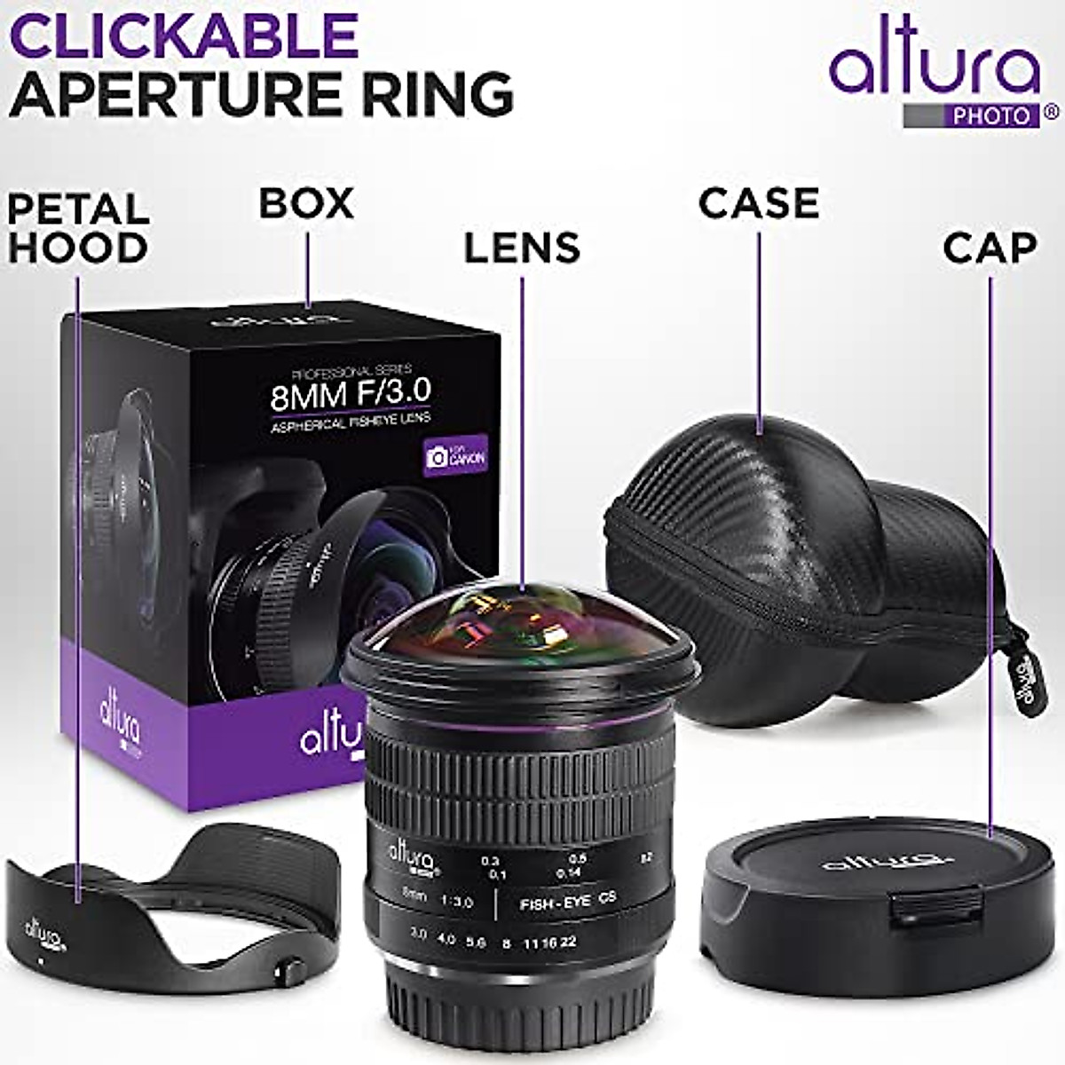Altura Photo 8mm f/3.0 Professional for Canon Wide Angle Lens Aspherical Fisheye Lens for Canon EOS 90D 80D 77D Rebel T8i T7 T7i T6i T6s T6 T100 SL2 SL3 DSLR Cameras with Canon EF Lens Mount