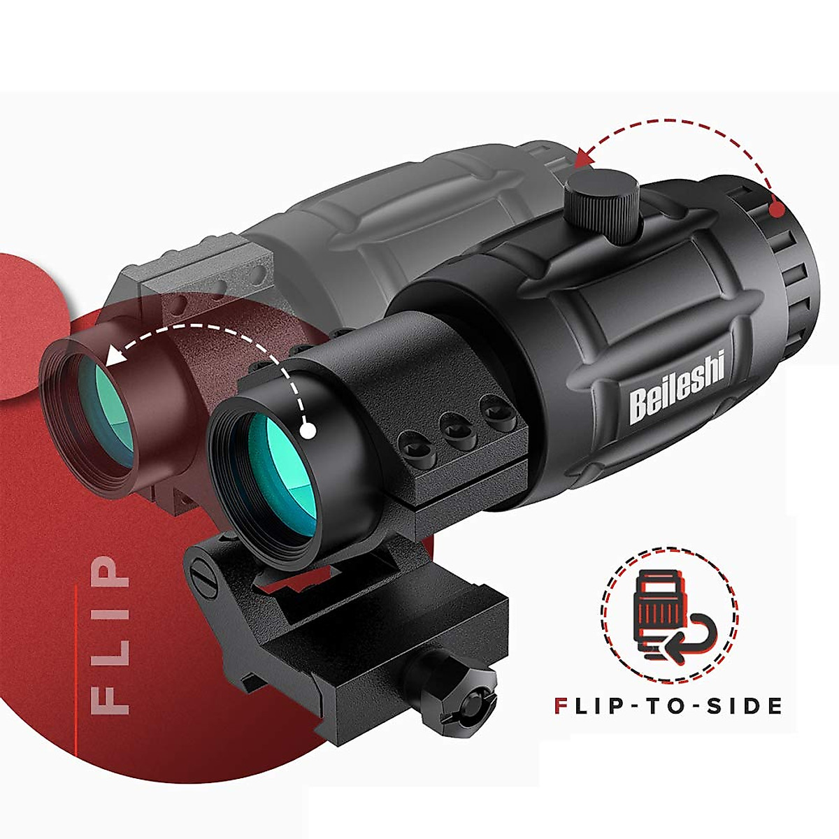 Beileshi 4X Optics Red Dot Sight Magnifier with Flip to Side Mount