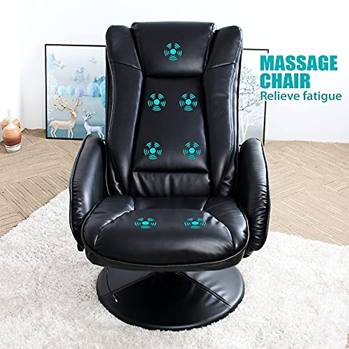 JC HOME Drammen Massaging Leather Recliner and Ottoman with Leather-Wrapped Base, Black