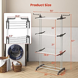 Tangkula 4-Tier Clothes Drying Rack, Collapsible Laundry Rack Stand with 2 Hanger Holders, 3 Tier Retractable Trays, 1 Bottom Shoe Rack, Movable Garment Drying Station with 4 Castors (Silver)