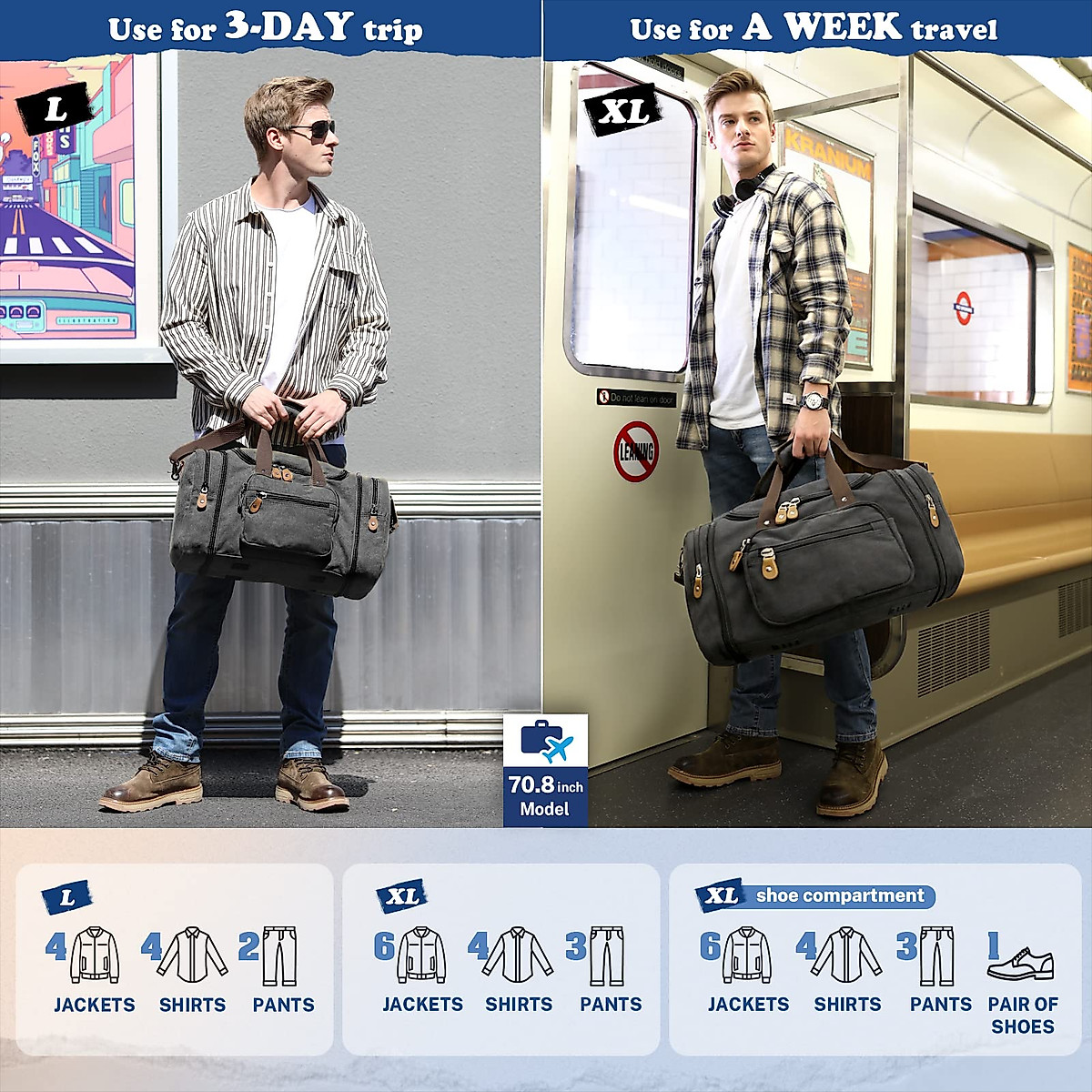 Gonex Canvas Duffle Bag for Travel, 50L Duffel Overnight Weekend Bag (Dark Gray)