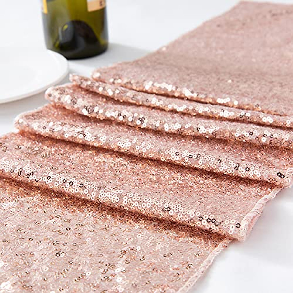Rose Gold Table Runner (12X108 inch, 2-Pack ), FGSAEOR Sequin Sparkle Table Runners Fit for Rectangle Round Tables, Party Supplies Decorations for Wedding Birthday Celebration Baby Shower Christmas