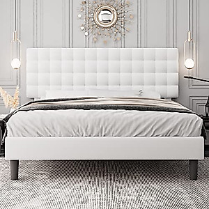 Feonase King Size Bed Frame with Square Stitched Headboard, Faux Leather Upholstered Platform Bed Frame, High-Density Sponge Filled, Solid Wood Slats, No Box Spring Needed, Noise-Free, White