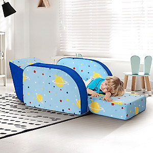 Costzon Kids Couch, 3 in 1 Convertible Flip Open Children's Sofa w/Foam-Padded Seat, Toddler Armrest Chair Bed for Nap, Fold Out Lounger Kids Sofa, Gift for Children Boys Girls (Space Airplane)