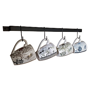 Wall-Mounted Utensil Rack Hanger – Black, 17" x 1" - Rustic Iron Kitchen Organizer with Ten 3.5" Hanging Hooks - Coffee Mug Rail - Pot and Pan Holder - Organizing Rod for Cookware - Claimed Corner