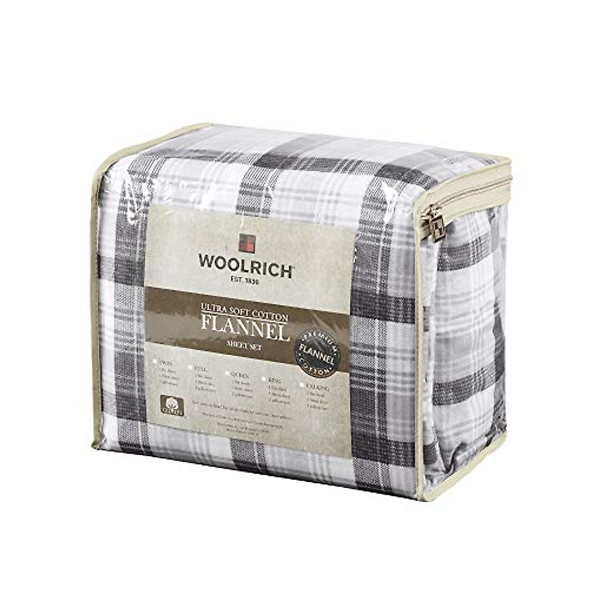 Woolrich Flannel 100% Cotton Sheet Set Warm Soft Bed Sheets with 14" Elastic Pocket, Cabin Lifestyle, Cold Season Cozy Bedding Set, Matching Pillow Case, Queen, Grey Plaid, 4 Piece