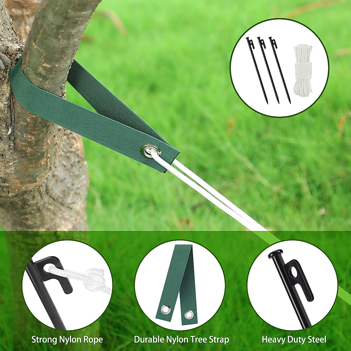 Jevrench Tree Stake Kits, Heavy Duty Tree Stakes and Supports Kits for Young Trees Against Bad Weather, 3 Pcs Tree Stake, 3 Pcs Tree Straps, 32.8 FT Rope