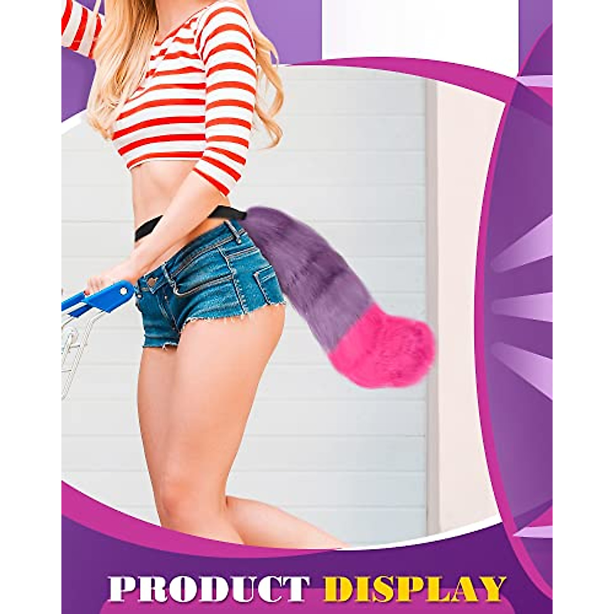 Striped Cat Costume for Girls Women, Cat Ears, Furry Tail, Striped Socks for Halloween Cosplay (Purple, Pink)