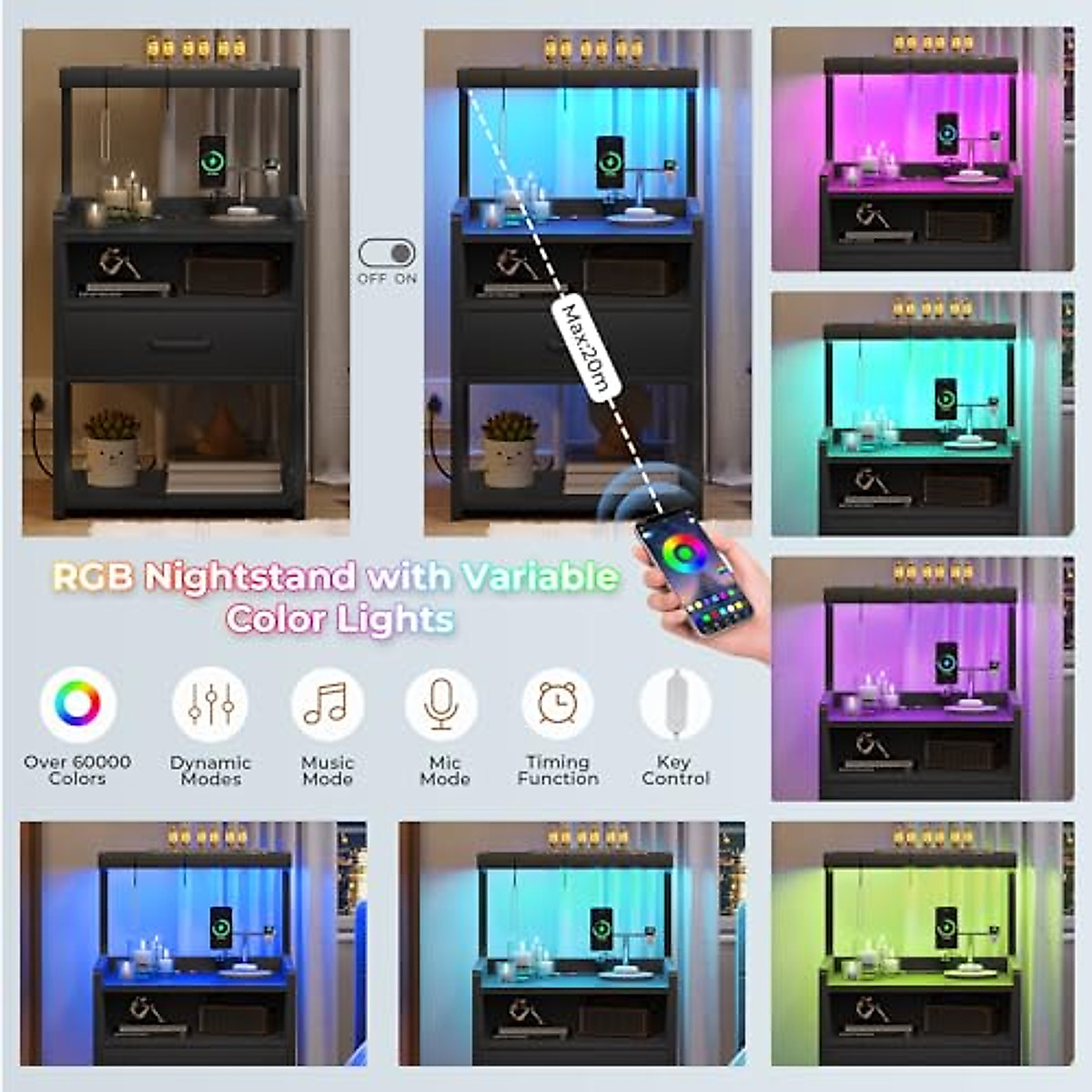 VIAGDO Nightstand with Charging Station and LED Lights, Black Night Stand with Drawer, Modern End Side Table with Open Storage Shelves, Bedside Tables for Bedroom, Office