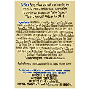 Avalon Organics Vitamin C Renewal Creme, Moisturizing Face Lotion, 2 oz with SPF 10, Natural & Nourishing