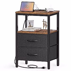 Huuger Nightstand with Charging Station, Side Table with Fabric Drawers, End Table with Open Shelf, Bedside Table with USB Ports and Outlets, Night Stand for Bedroom, Rustic Brown
