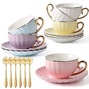 ICHAG Teacup and Saucer Set, Tea Cups Set of 6, Porcelain Tea Cups 7.7oz, Golden Trim, Golden Spoon, Tea Cups Set of 18 for Afternoon Tea, Womens Tea Party, Home Office Present (Pumpkin Coffee Mugs)