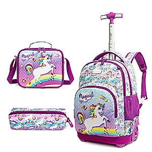 Oruiji Rolling Backpack for Girls Backpack with Wheels Unicorn Kids Wheeled Backpack for School with Lunch Box Trolley Wheeled Backpack Luggage Suitcase for Teen Girls