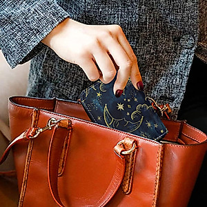Gold Sun Moon Golden Soleil Cosmos Astrology on Dark Blue Pattern Credit Card Coin wallet, Key Change Organizer Zipper Purse Compact Clutch Pouch Pocket, RFID Blocking Women Leather Card Holder