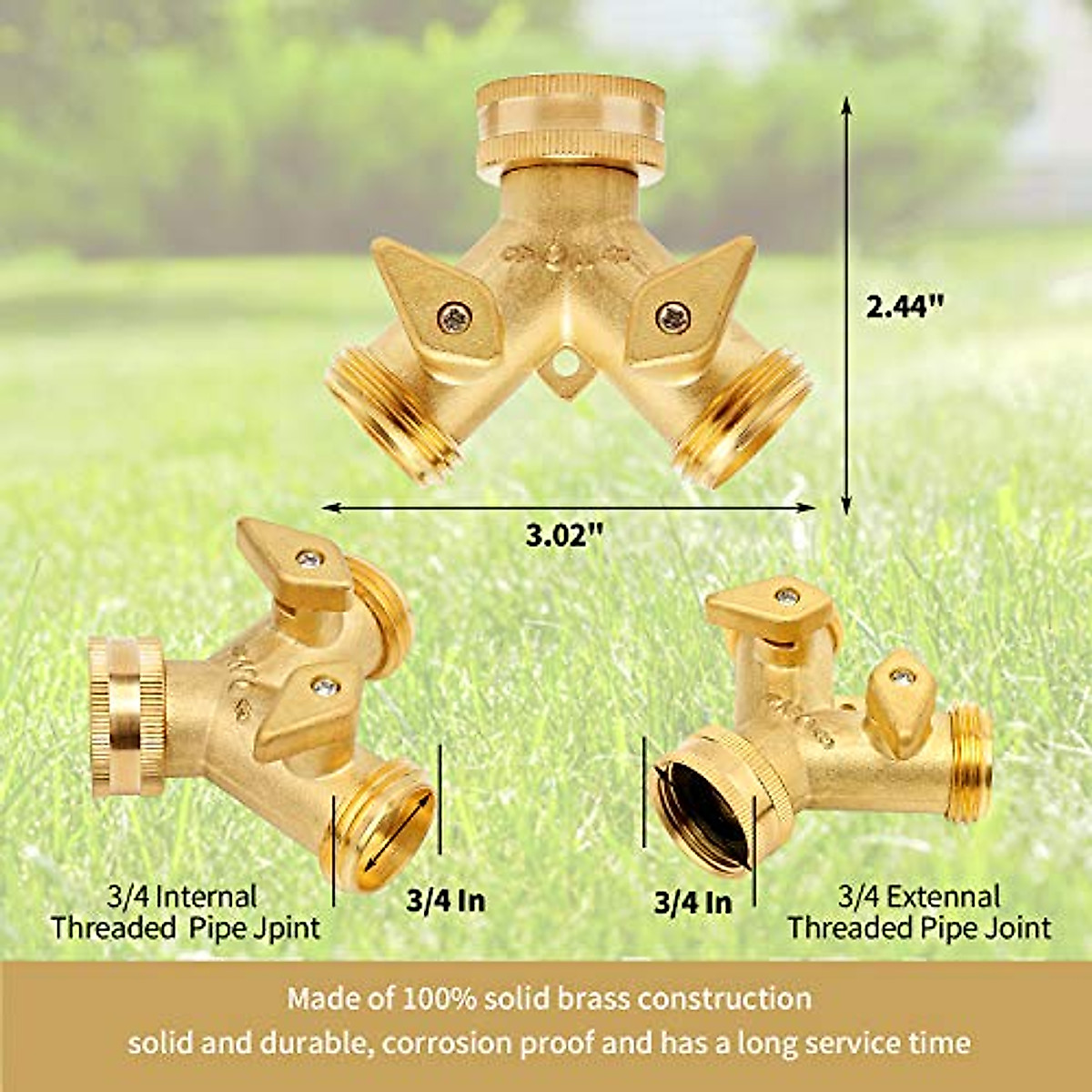 Garden Hose Splitter 2 Way - Heavy Duty Solid Brass Hose Y Splitter，Hose Faucet Splitter,3/4" Brass Hose Adapter Connectors Shut Off Valve, Hose Spigot Adapter 2 Valves, Plus 4 Extra Rubber Washers.