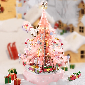 YILETKC Pink Crystal Christmas Tree Building Block Set, 675 PCS Christmas Music Box Bricks Model Kit, Construction Toy for Adults Girls
