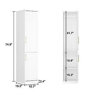 ECACAD Slim Wardrobe Armoire with 2 Doors, 3-Tier Shelves & Hanging Rod, Wooden Closet Storage Cabinet for Bedroom, White (15.7”W x 19.3”D x 74.8”H)