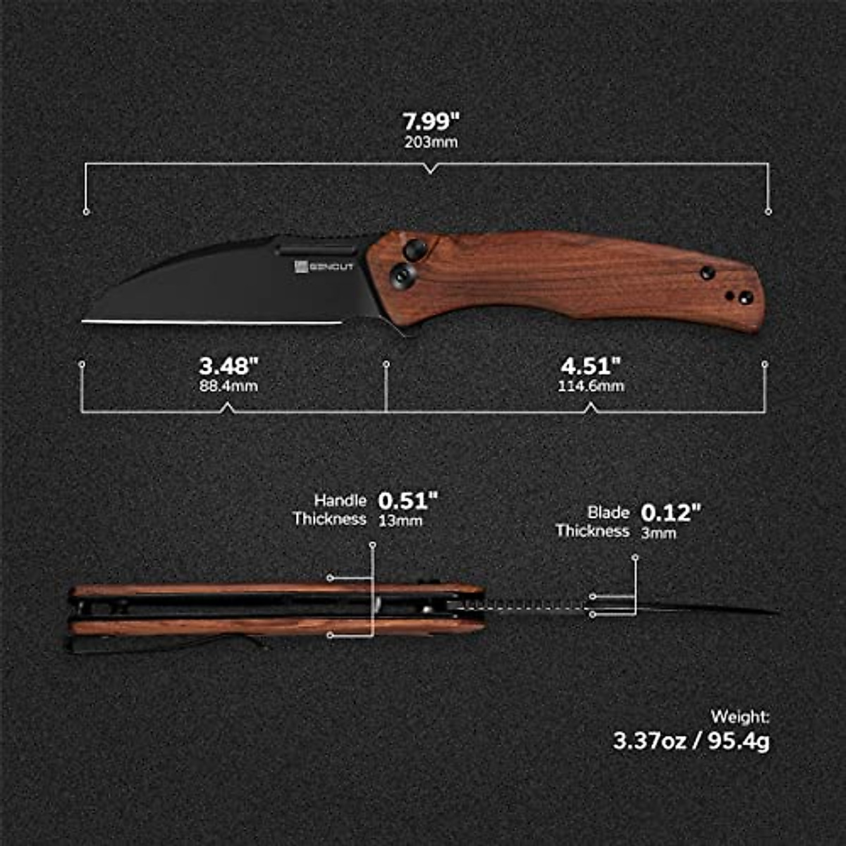 SENCUT Watauga Pocket Folding Knife for EDC, Button Lock Small Knife with Clip, Black Stonewashed D2 Blade with Wood Handle,Everyday Carry Knife for Men Women, Lightweight for Indoor Outdoor Gift S21011-4