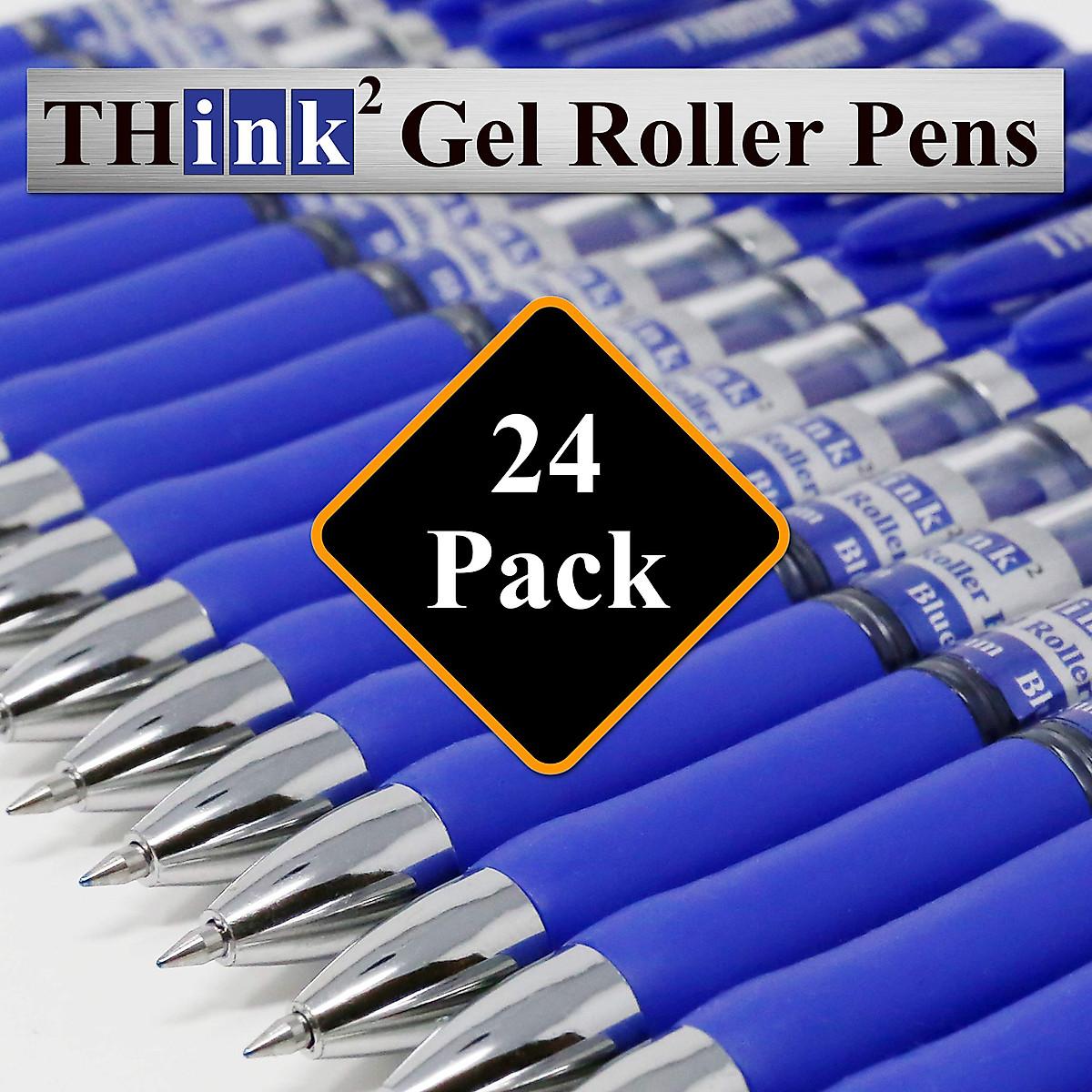 THINK2MASTER [24 Pens - Blue Ink] Think2 Retractable Gel Pens. (24 Blue) Fine Point (0.5mm) Rollerball Pens with Comfort Grip.
