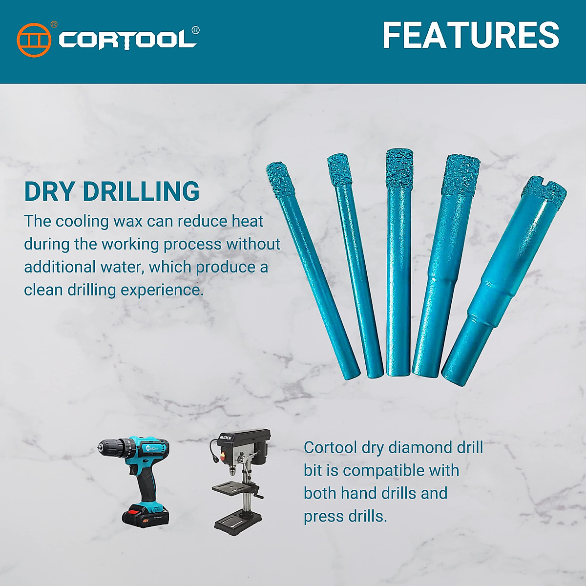 CORTOOL Dry Diamond Drill Bits for Porcelain Tile Ceramic Glass Marble, 5PCS 1/4", 5/16", 3/8", 1/2" Tile Drill Bit, Tile Saw, Vacuum Brazed Diamond Core Drill Bits with Round Hex Shank