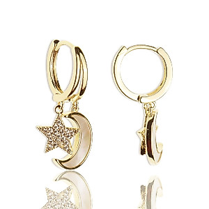 Sonateomber Gold Star Moon Drop Dangle Double Small Hoop Cartilage Midnight Earrings for Women - Cute Sparkly Cubic Zirconia Rhinestone Star Hypoallergenic Huggie Prom Wedding Jewelry Gift