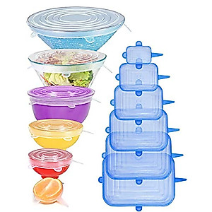 [12pack] Longzon Silicone Stretch Lids 6 Clear Round 6 Blue Rectangle, Magic Lids Reusable Food Covers for Bowls, Cups, Cans, Fit Different Sizes & Shapes of Container, Dishwasher & Freezer Safe
