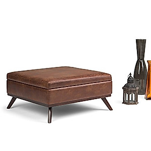 SIMPLIHOME Owen 36 Inch Wide Mid Century Modern Square Coffee Table Lift Top Storage Ottoman in Upholstered Distressed Saddle Brown Faux Leather, For the Living Room