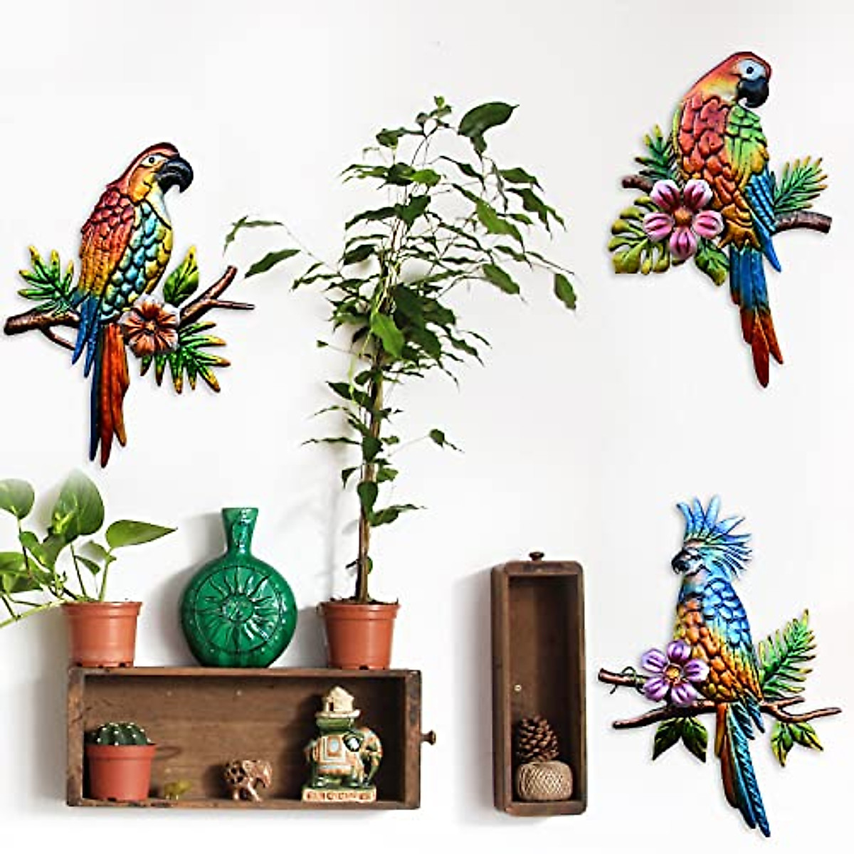 J-Fly Parrot Tropical Wall Art Decor Metal Bird Wall Decor Outdoor Decorations for Patio Wall Fence Garden Home Kitchen Balcony Tropical Bird Macaw Wall Sculpture Hanging for Indoor Outdoor