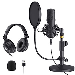 MAONO AU-A04T USB Microphone with AU-MH601 Studio Monitor Headphones Bundle Streaming Podcasting Pack Plug and Play for Computer, YouTube, Music