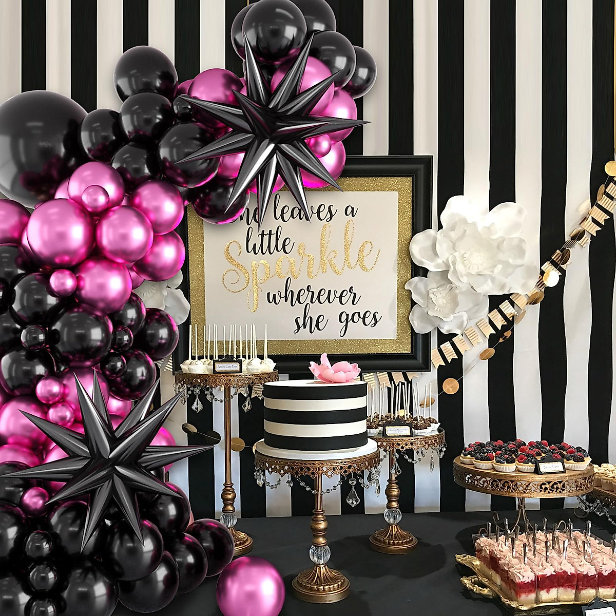 Hot Pink and Black Balloon Arch Kit, 5 10 18 Inch Birthday Party Balloons, Metallic Magenta Black Garland Kit with 2 Black Explosion Star Balloons, DIY Balloon Arch for Birthday Party Decoration