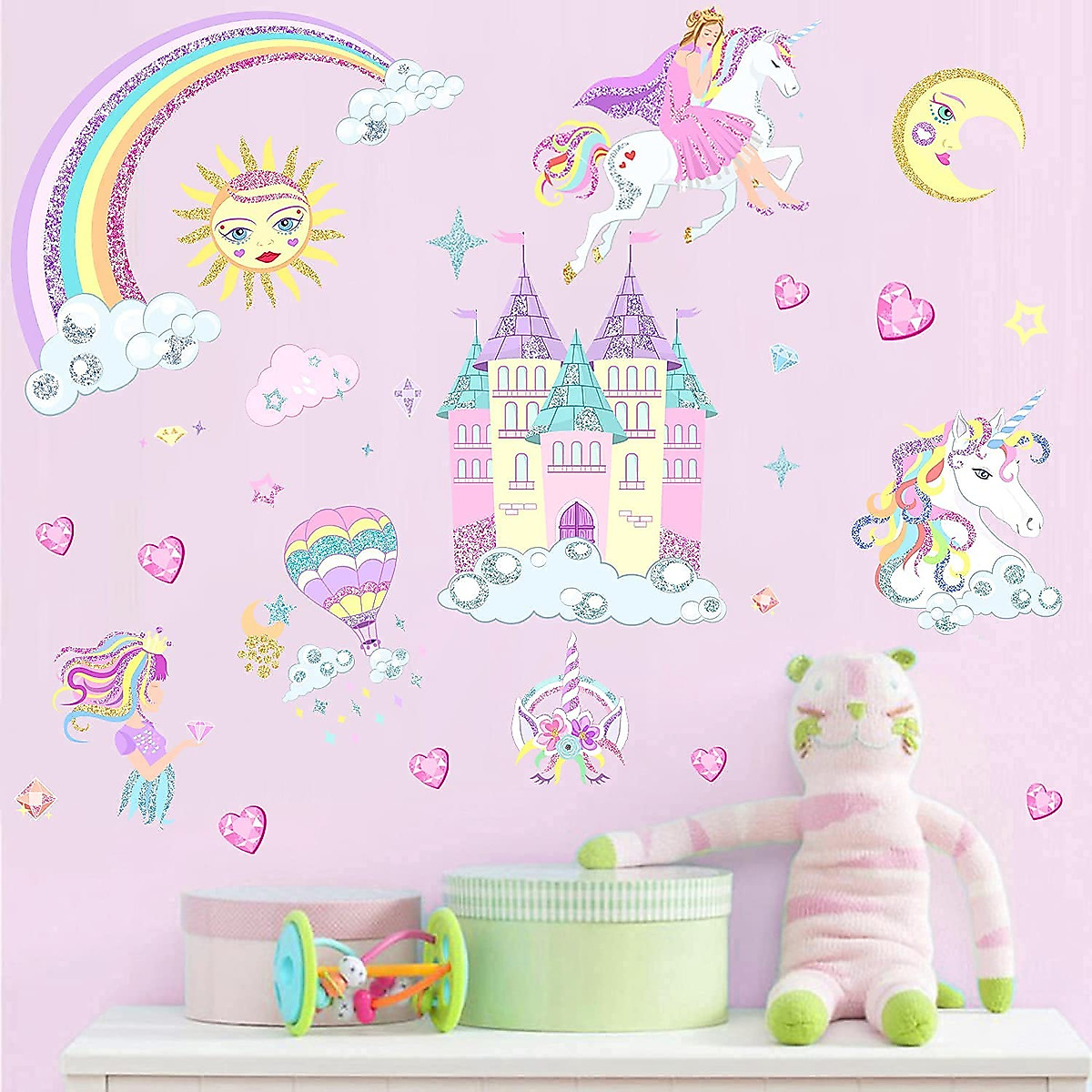 Castle Unicorn Wall Decals Princess Reflective with Heart Rainbow Vinyl Wall Stickers Gifts for Baby Girls Bedroom Party Decoration (3PCS)