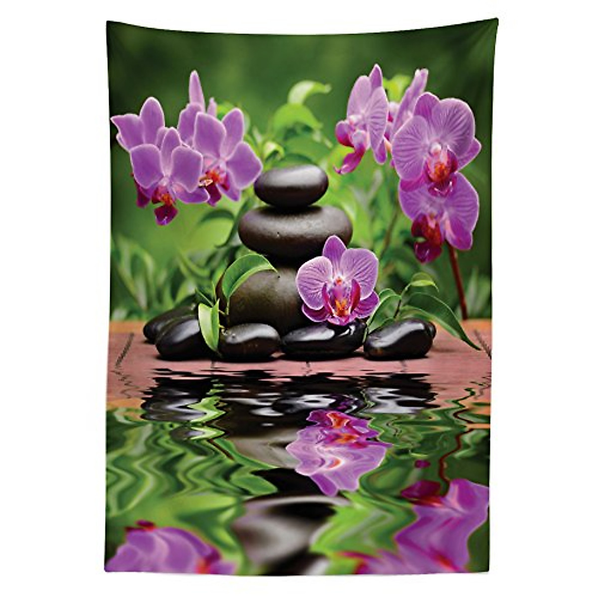 Lunarable Spa Outdoor Tablecloth, Basalt Stones and Orchid Reflecting on Water Greenery Wellbeing Tropical, Decorative Washable Picnic Table Cloth, 58" X 104", Fern Green Lavender