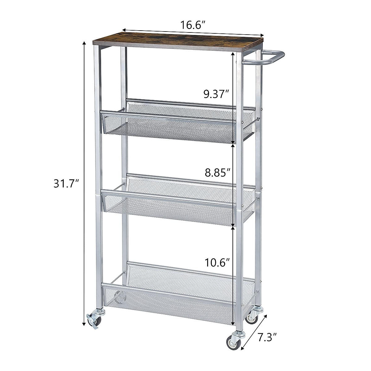 NANANARDOSO Slim Rolling Cart, Narrow Cart with Wood Top, 7.3'' Deep, Metal Handle and Wire Mesh Kitchen Cart for Narrow Space on Kitchen, Bathroom, Silver.