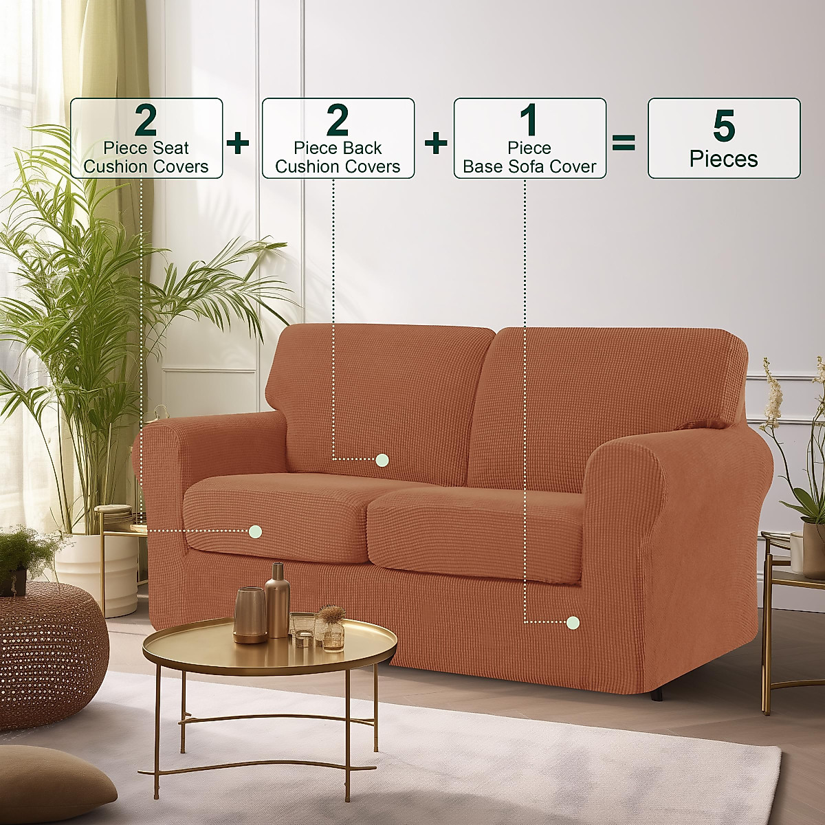 CHUN YI 5 Piece Stretch Loveseat Sofa Cover, 2 Seater Couch Slipcover with Two Separate Backrests and Cushions with Elastic Band, Checks Spandex Jacquard Fabric(Medium,Brick)